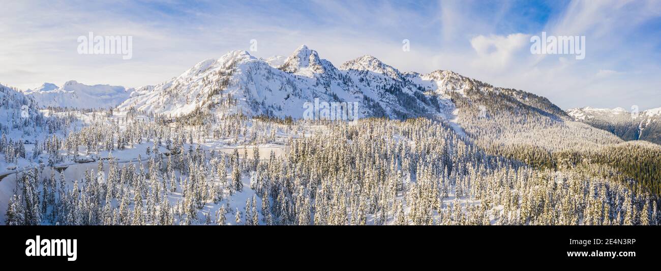 A panoramic image of Mt Baker in the North Cascade Mountains covered in ...