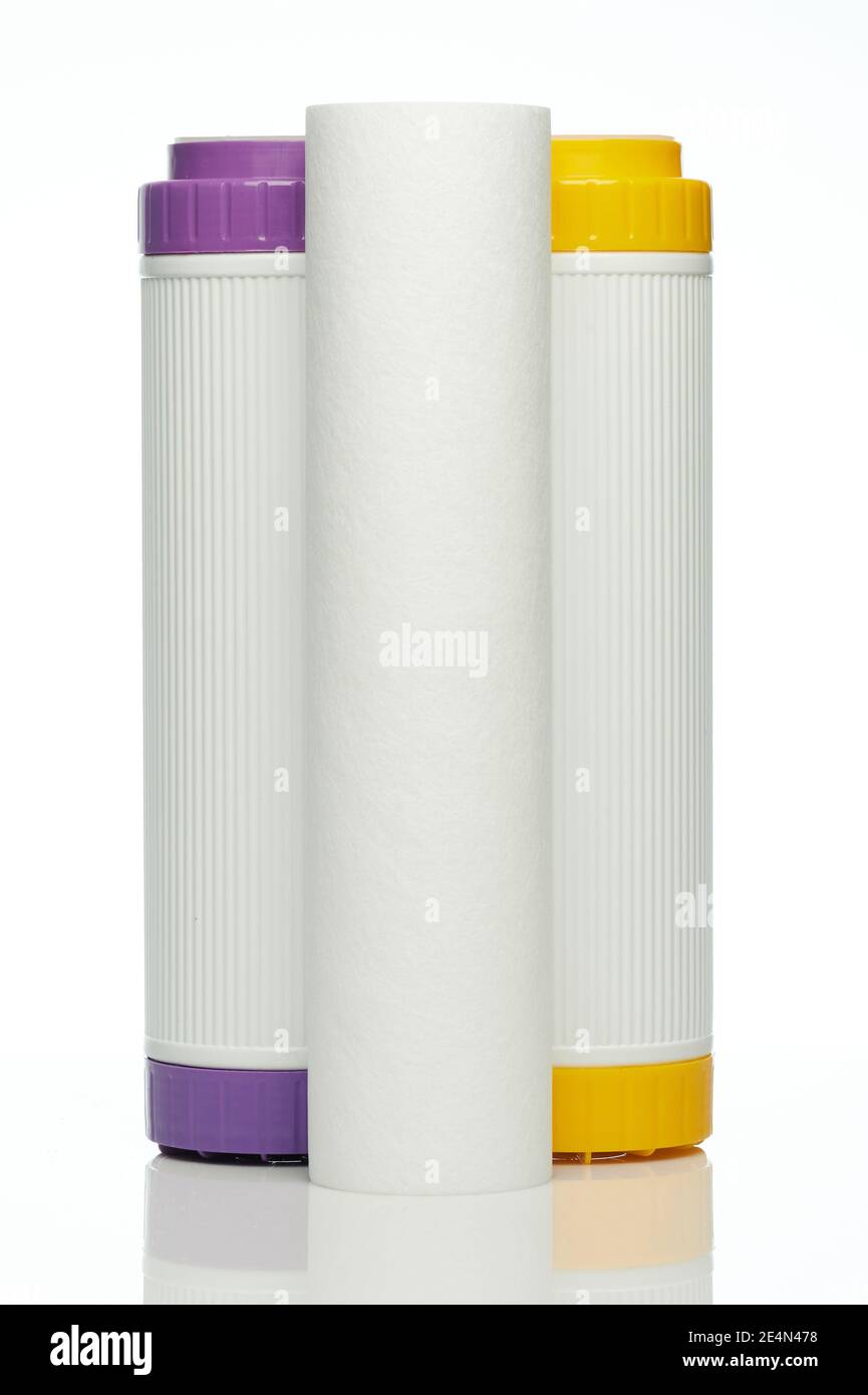 Replacement cartridges for water filter isolated. Three stage cleaning ...