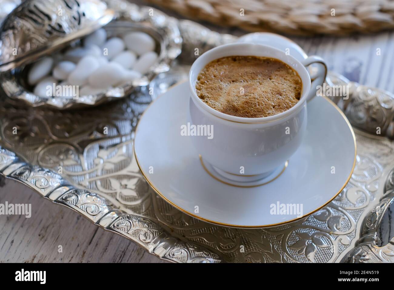 Traditional Turkish coffee over rustic tray,close up Stock Photo - Alamy