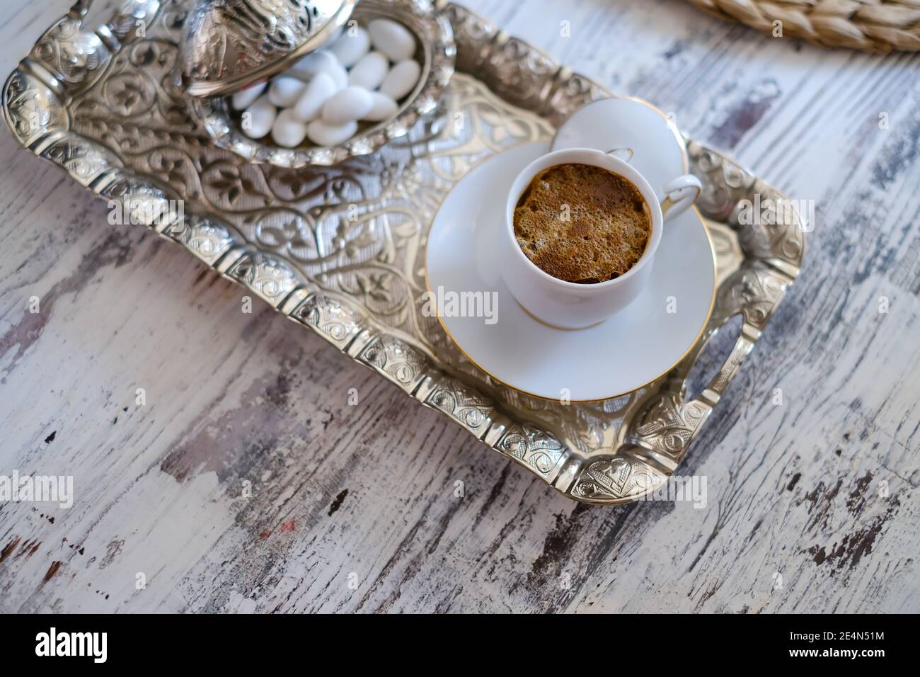 Traditional Turkish coffee over rustic tray,close up Stock Photo - Alamy