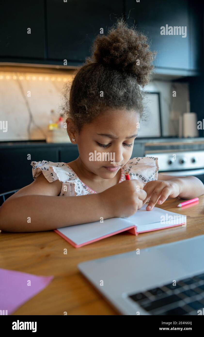 Little girl doing homeschool with laptop Stock Photo - Alamy