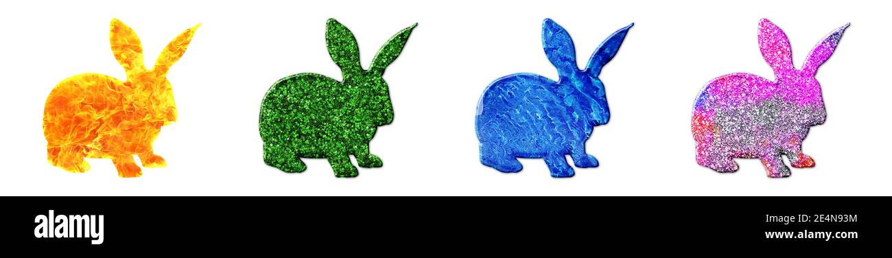 An illustration of four rabbits with colorful textures isolated on a ...