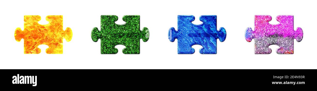 An illustration of four puzzle parts with colorful textures isolated on ...
