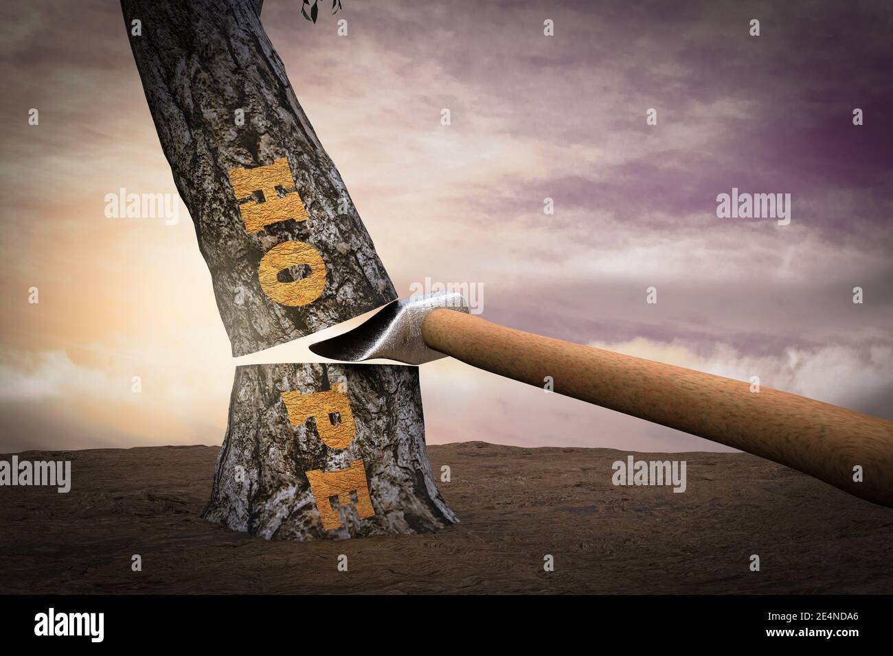 Tree cut by an ax with the word hope on demonstrating lost hope concept ...