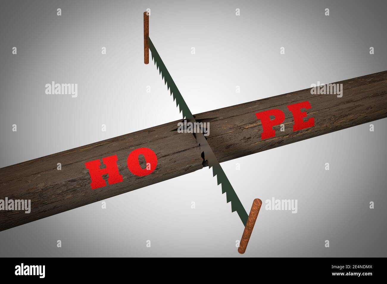 Saw cutting a board with the word hope on demonstrating lost hope ...