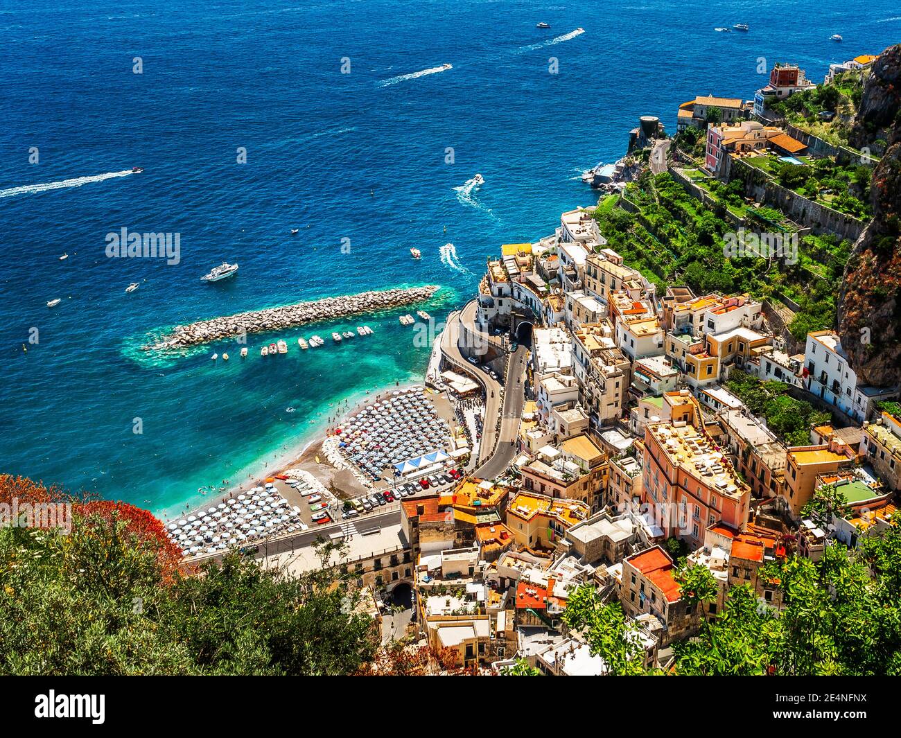 Landscape with aerial view of Atrani town at famous amalfi coast, Italy ...