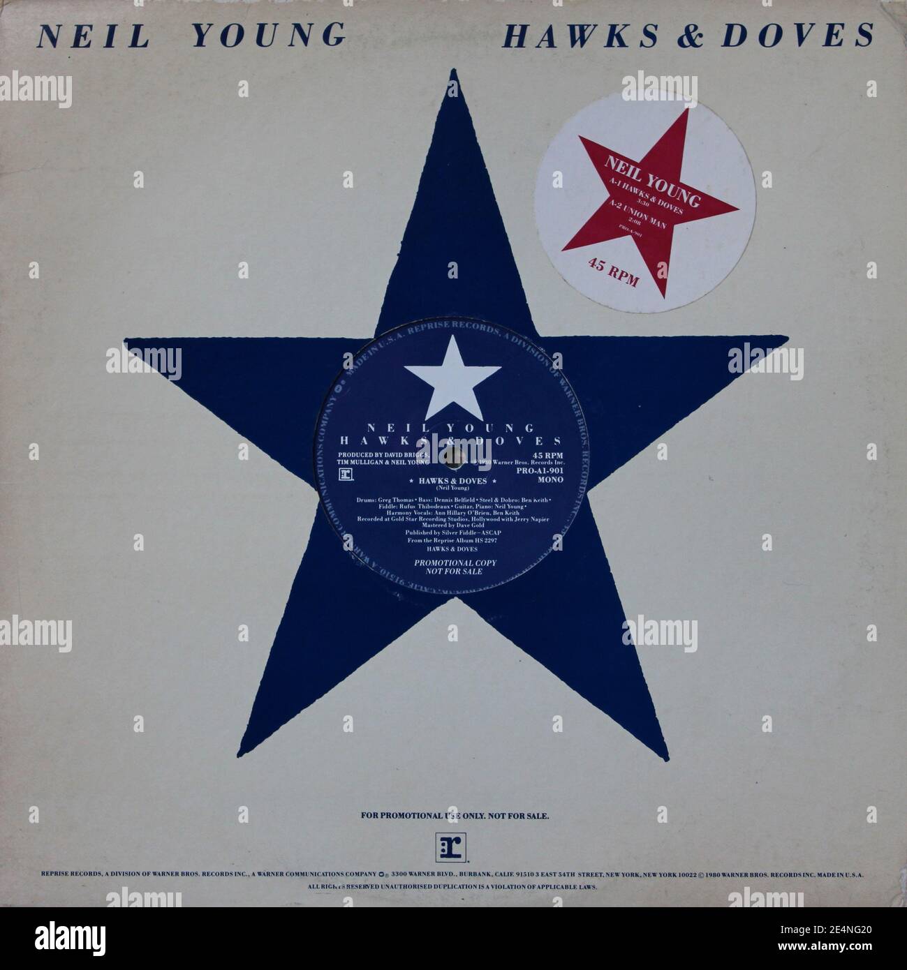 Neil Young: SP 45 RPM mono 1980. side A: Hawks & Doves Stock Photo - Alamy