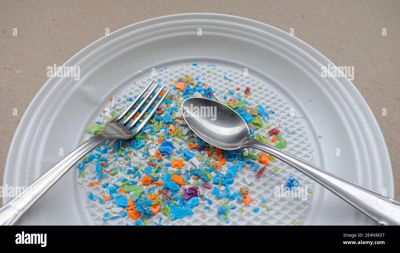 High angle view of microplastics on a single-use plate with fork and ...