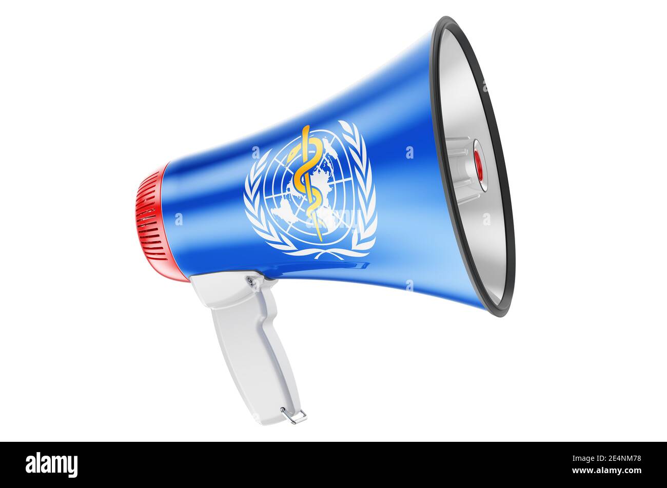 Megaphone with World Health Organization flag, 3D rendering isolated on ...