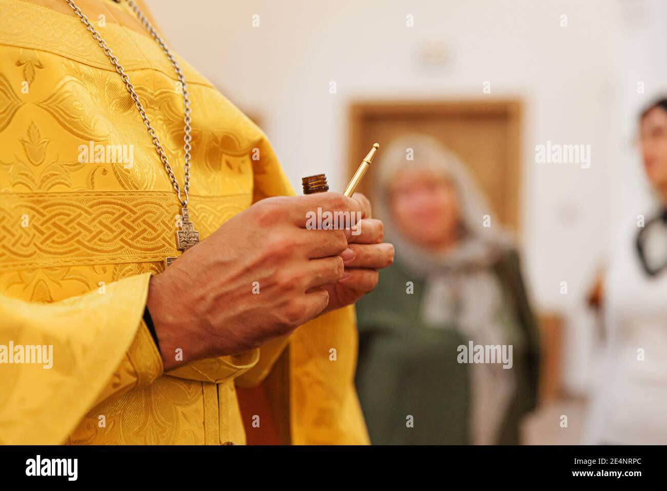 Orthodox Church. Christianity. Priest hands holding oil for anointing ...