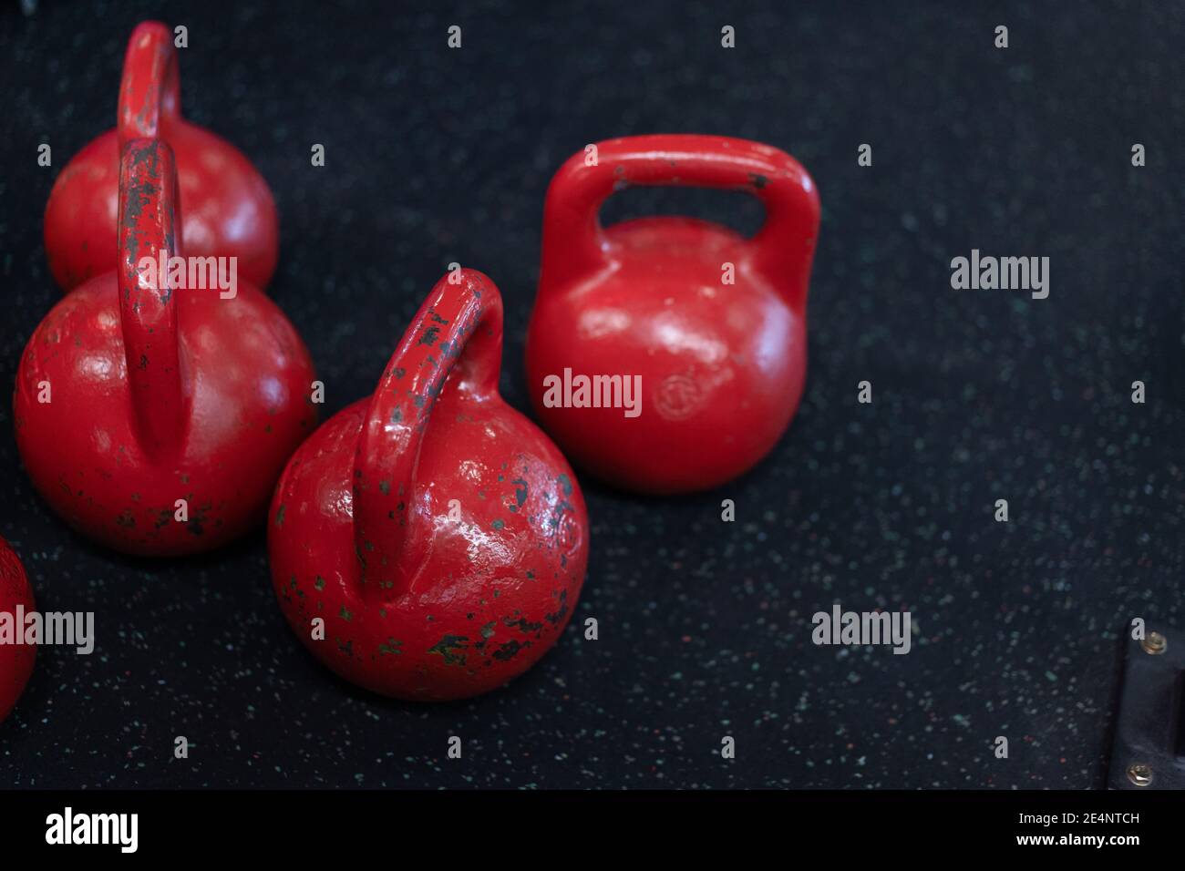 Red old Kettlebell standing black floor with copy space Fitness concept ...