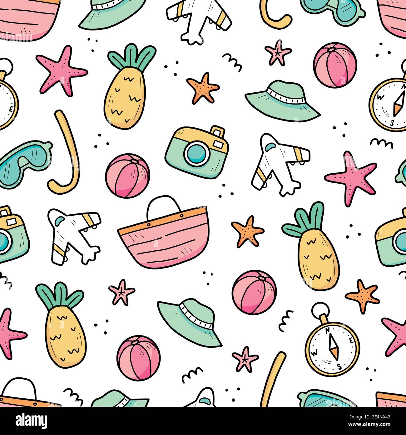 Hand drawn seamless pattern of travel summer vacation elements, luggage ...