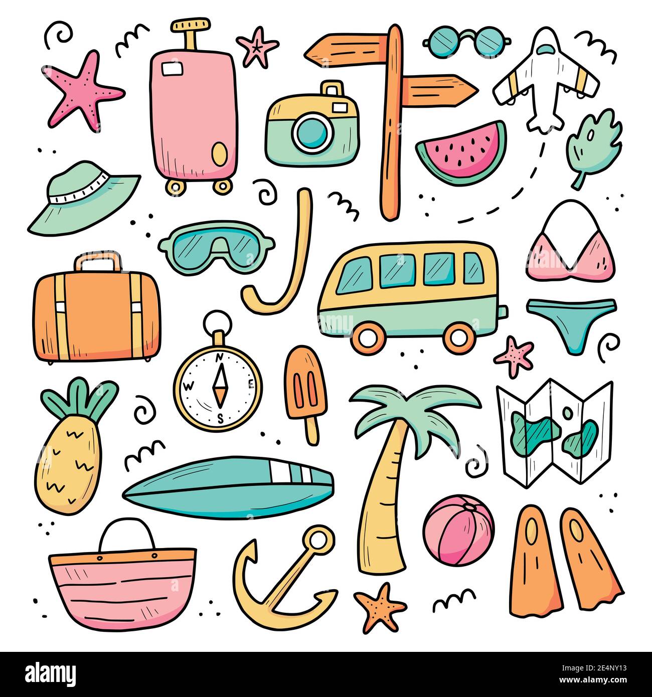 Hand drawn set of travel summer vacation elements, luggage, map ...