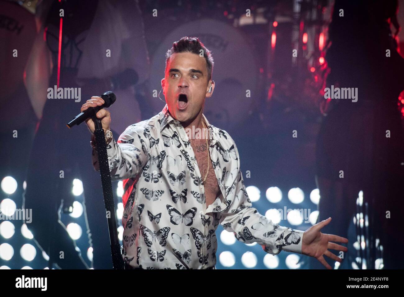 Robbie Williams performs live on stage as part of the Apple Music ...