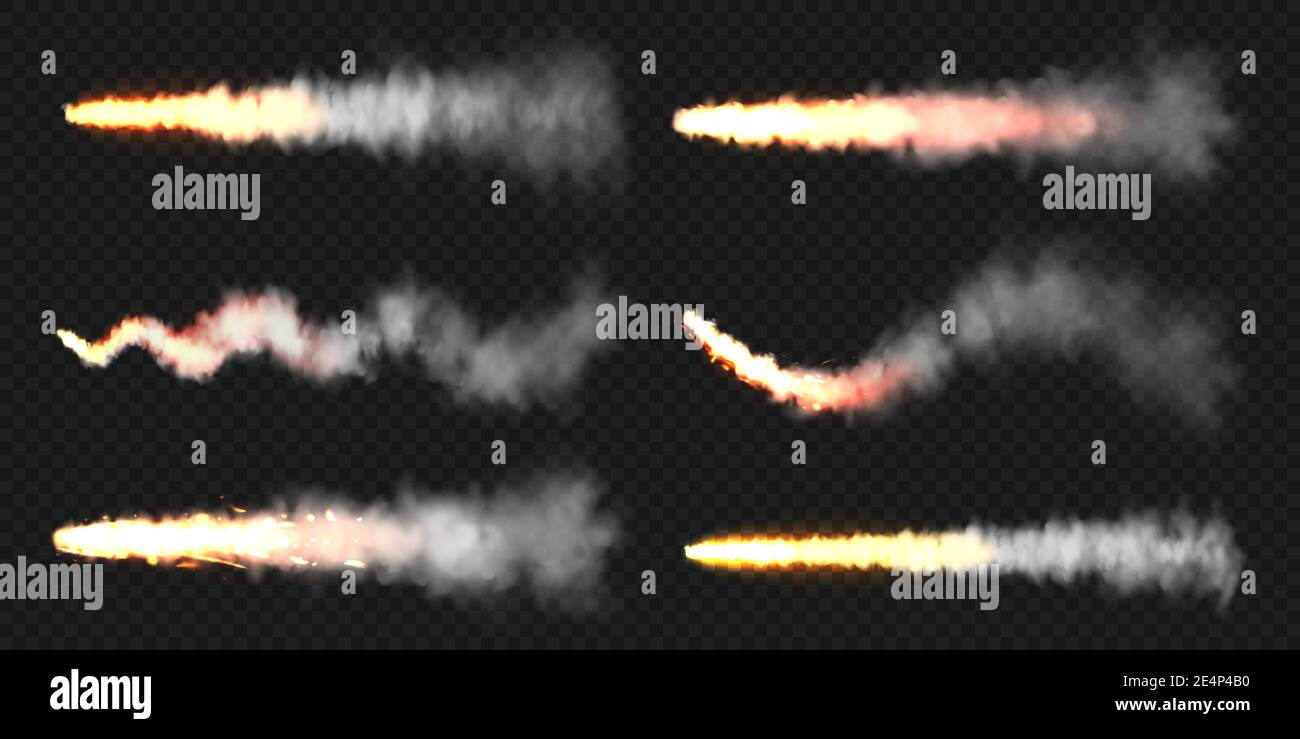 Realistic space rocket launch trails. Fire burst, explosion. Missile or ...