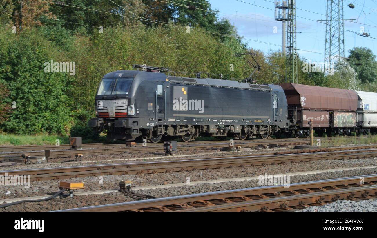 MRCE X4 E862 electric powered locomotive with goods wagons at Cologne-Gremberg, Germany, Europe ...