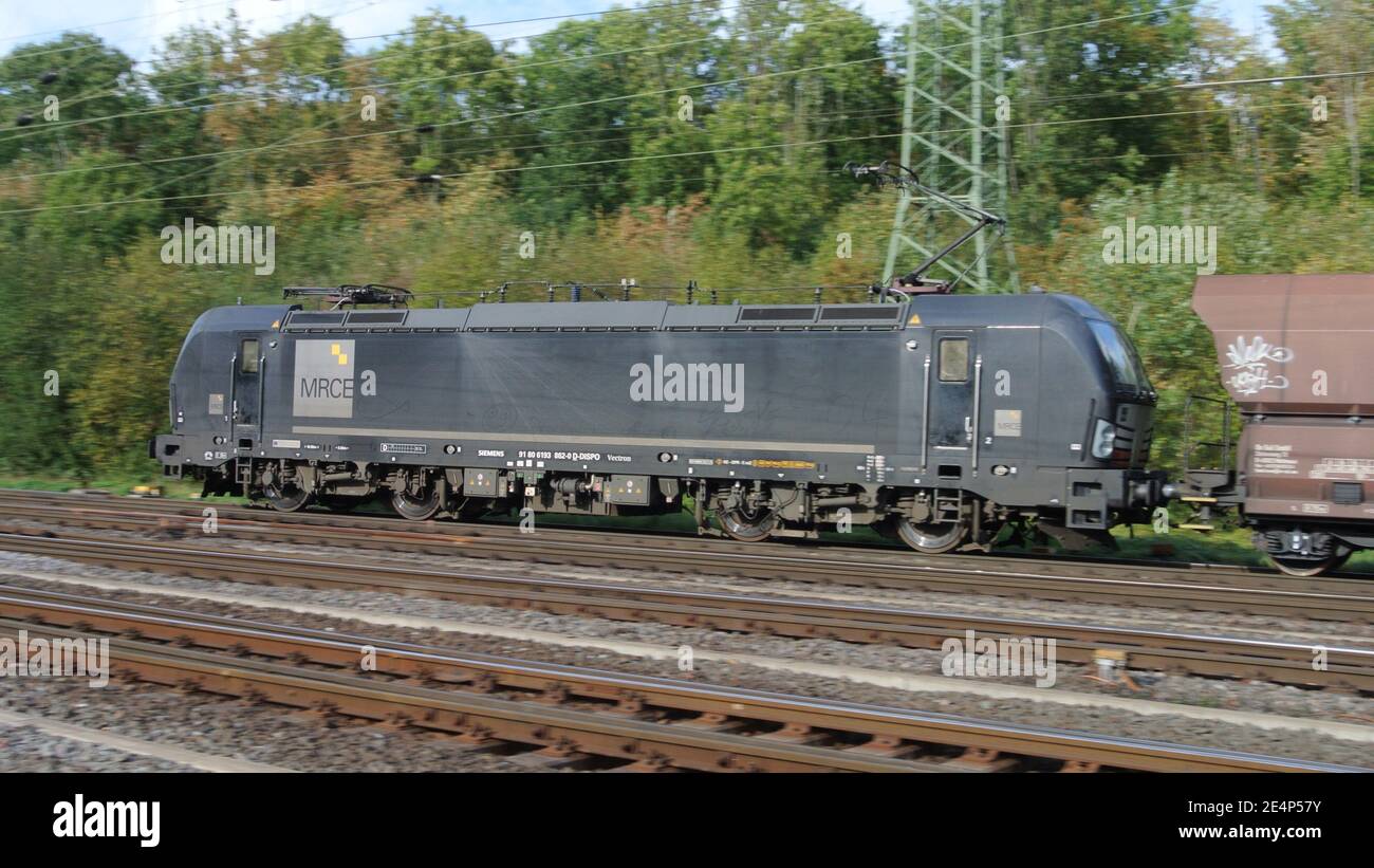 MRCE X4 E862 electric powered locomotive with goods wagons at Cologne-Gremberg, Germany, Europe ...