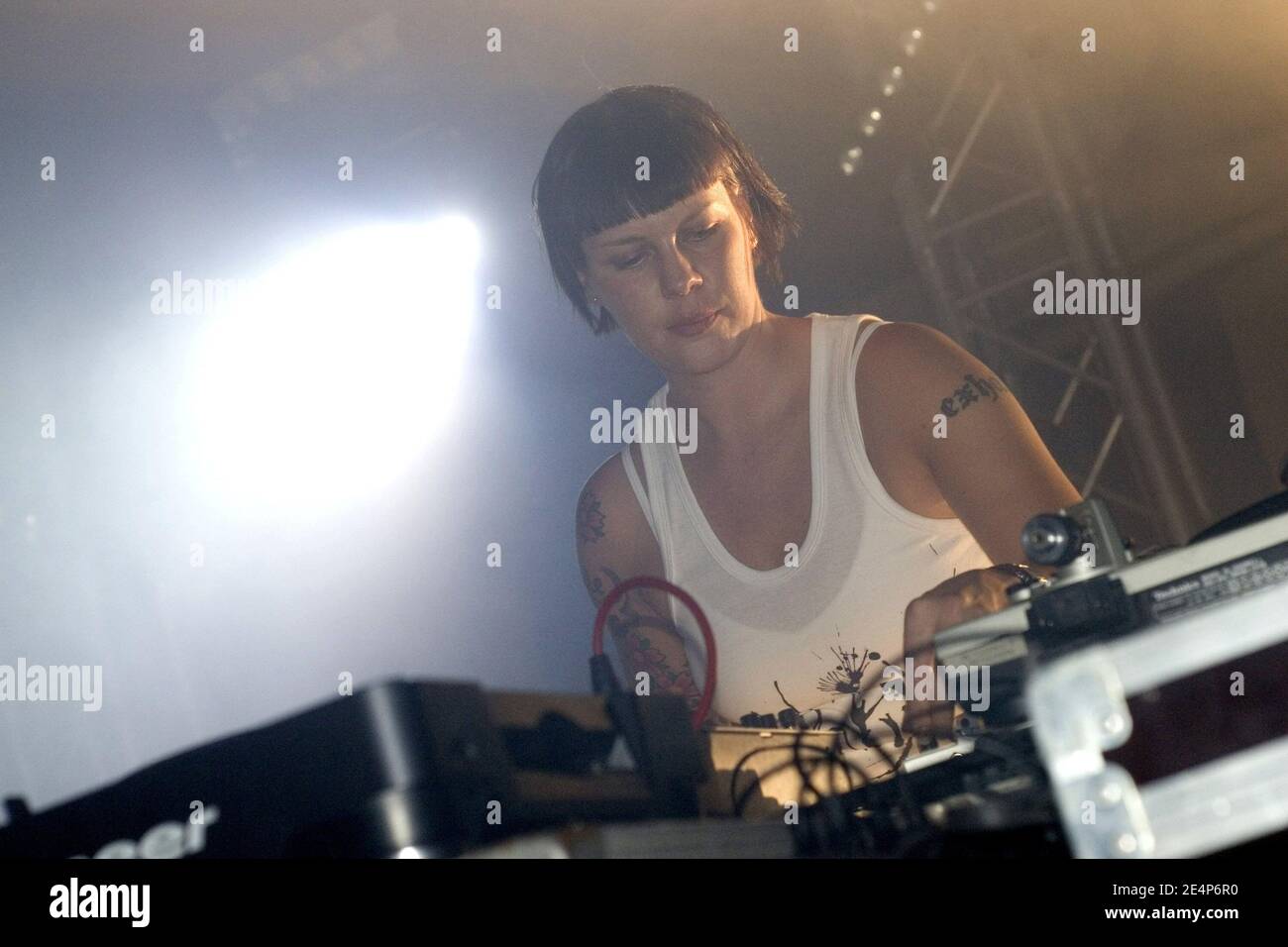 French DJ Miss Kittin (a.k.a. Plastikgirl) performs live on stage ...