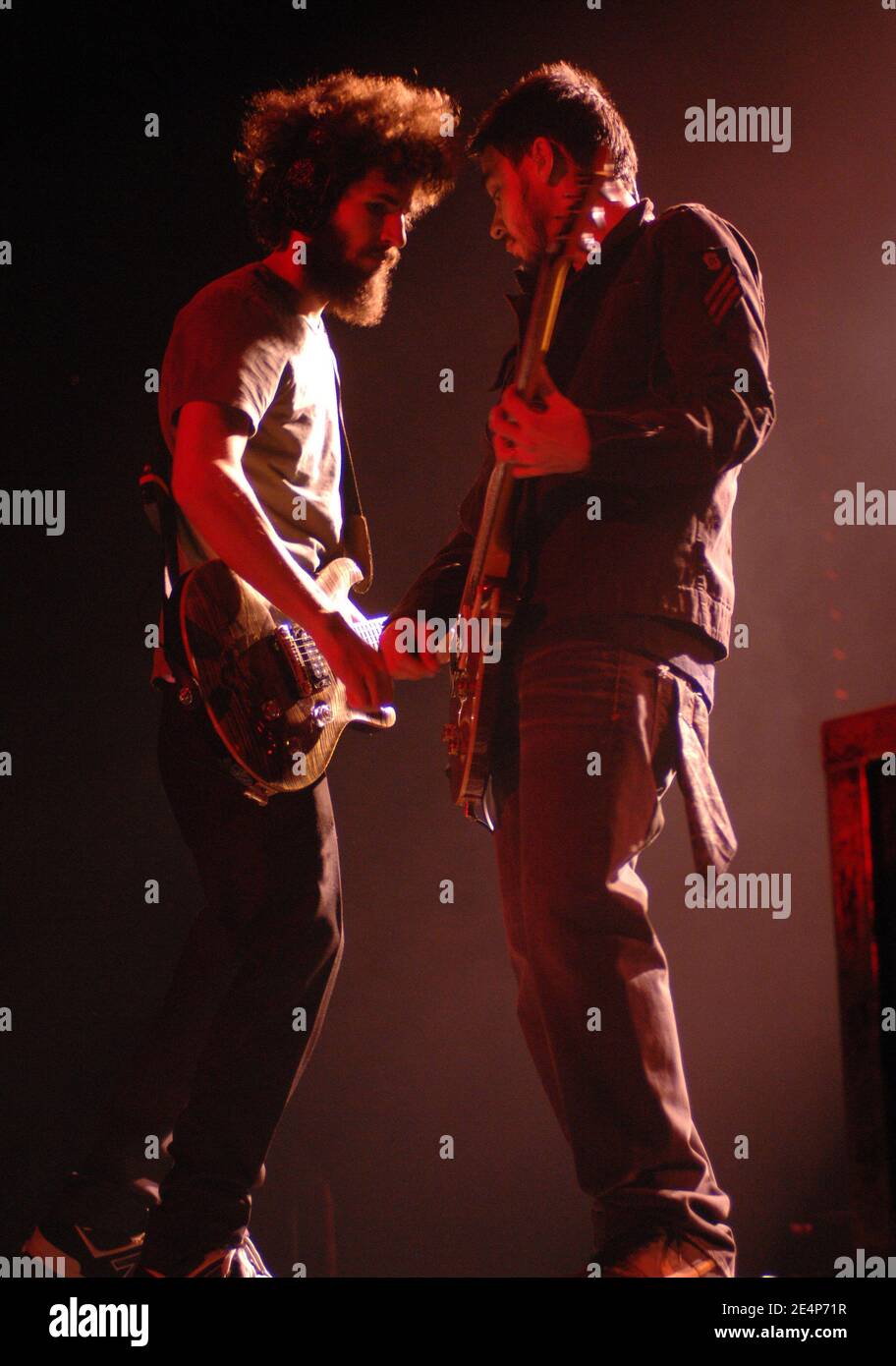 Linkin Park performs live on stage at the POPB concert hall in Paris ...