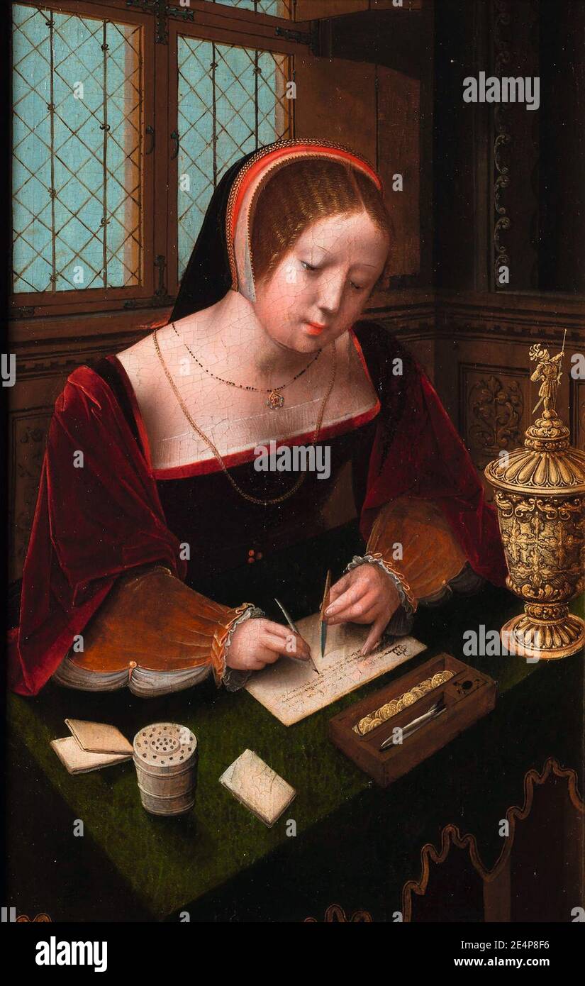 Master of the Female Half-Length - Lady writing at a desk Stock Photo ...