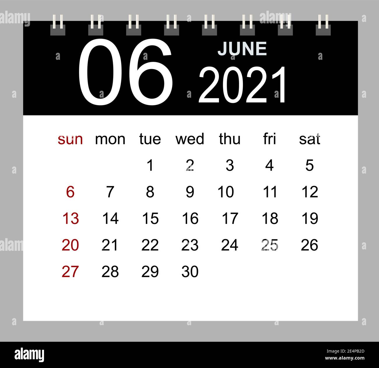 Template of calendar for June 2021. Week starts Sunday. Isolated vector ...