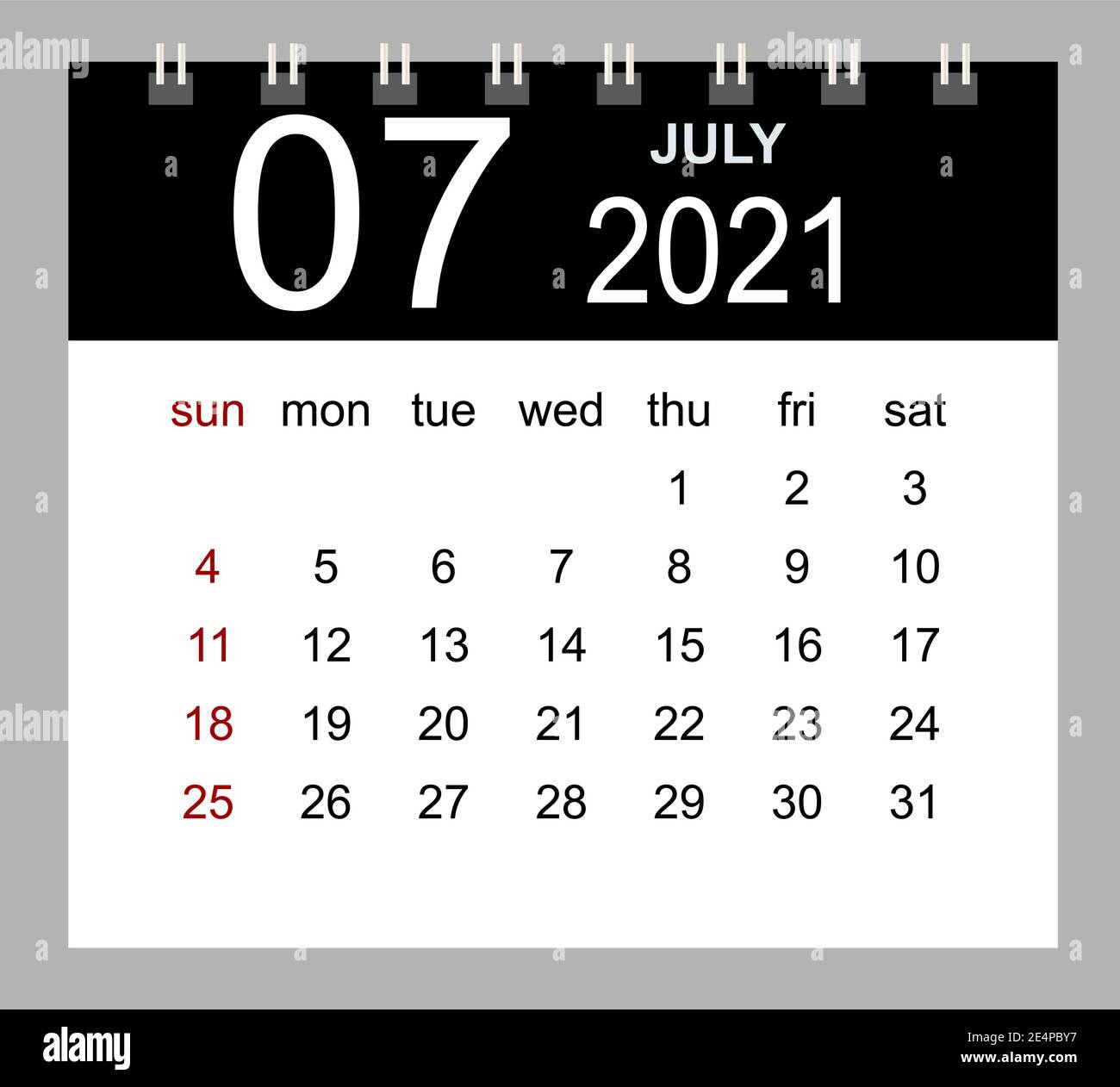 Simple desk calendar for July 2021. Week starts Sunday. Isolated vector ...
