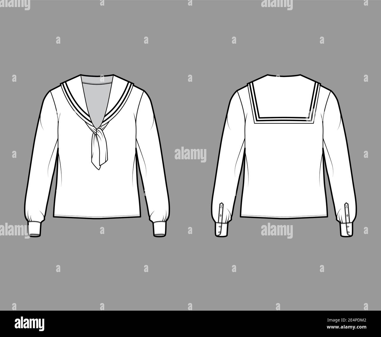 Shirt middy sailor suit technical fashion illustration with bow, elbow ...