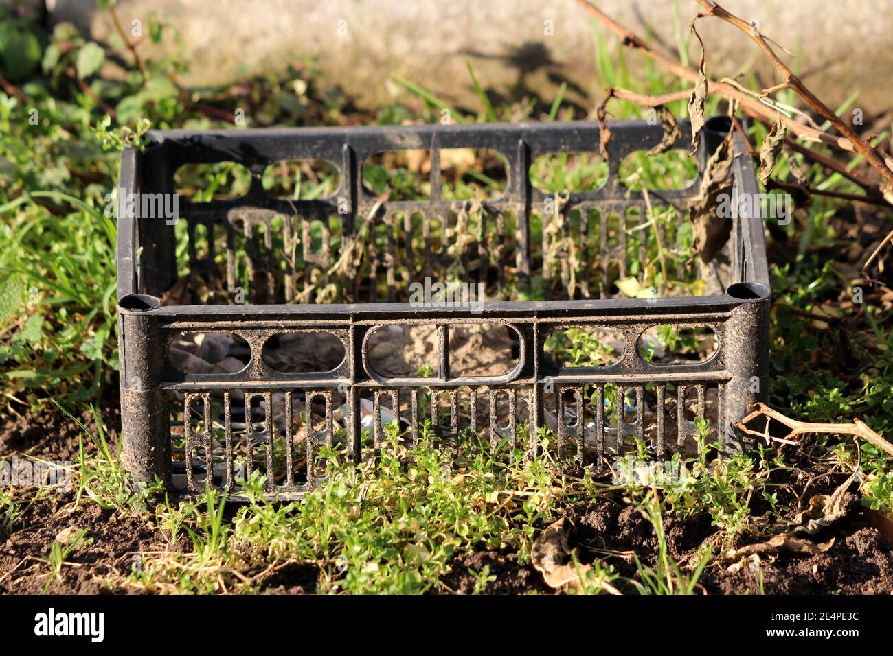 Dirty old black plastic crate with perforated base and sides made from ...
