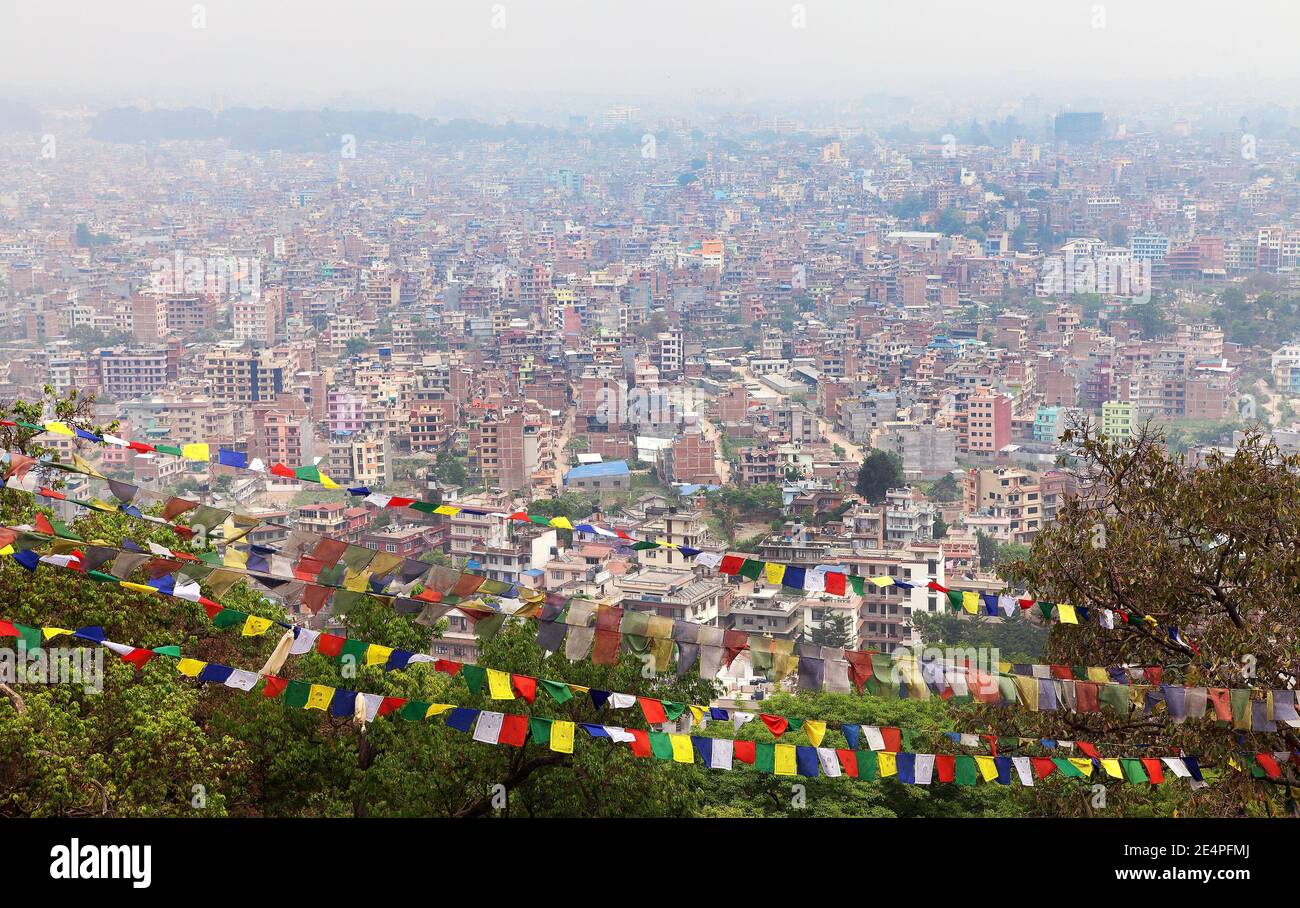 Kathmandu city, Nepal. View of Kathmandu city with prayer flags from ...