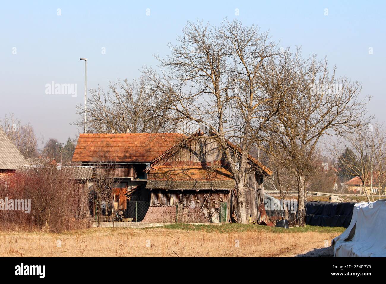 Large wooden barn and outdoor building covered with old dilapidated roof tiles and cracked ...