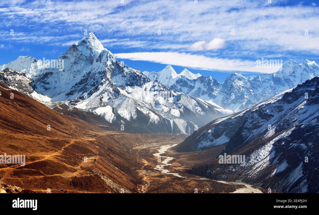 Panoramic beautiful view of mount Ama Dablam with beautiful sky on the ...