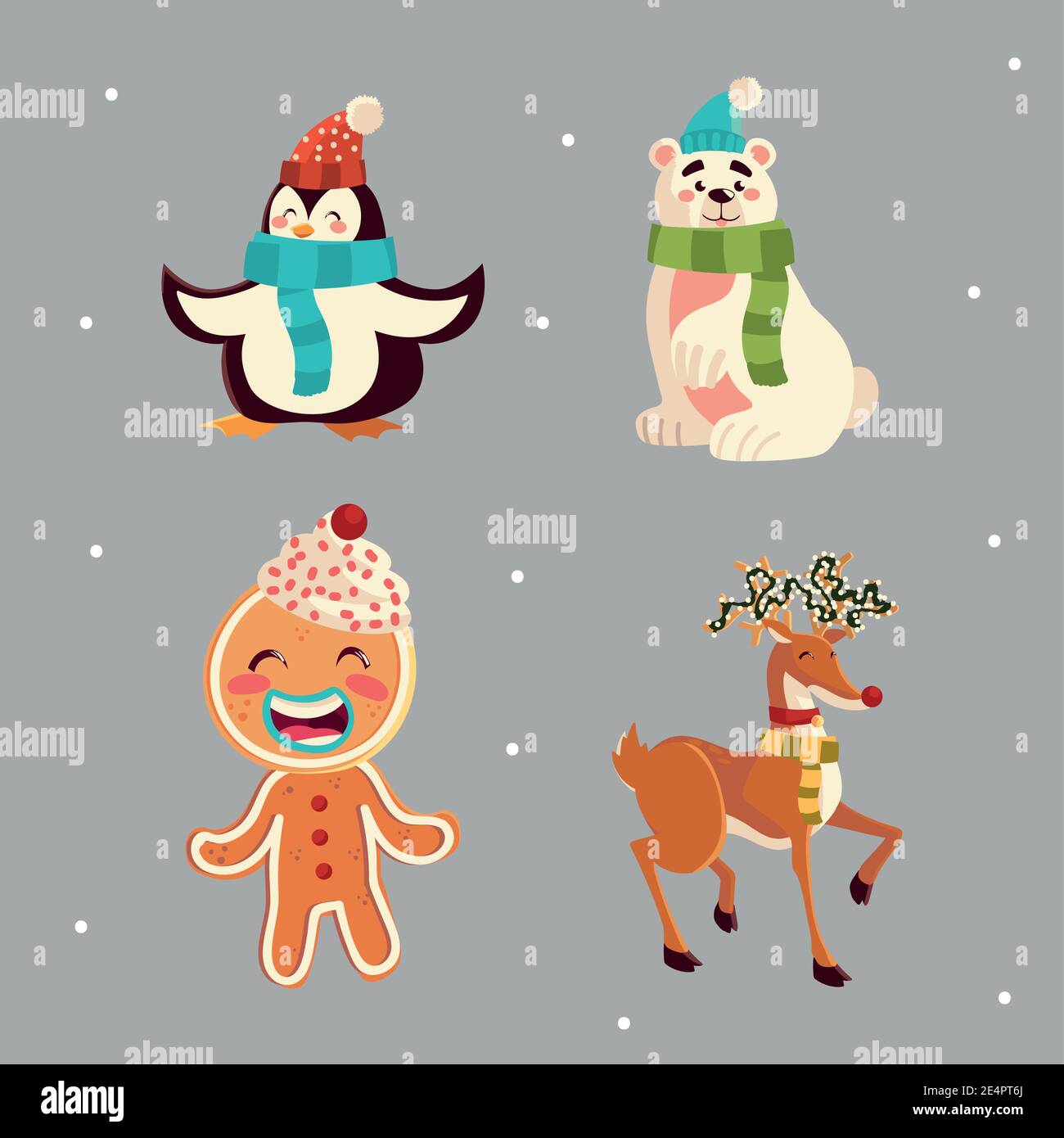 merry christmas penguin reindeer bear deer and gingerbread man icons ...