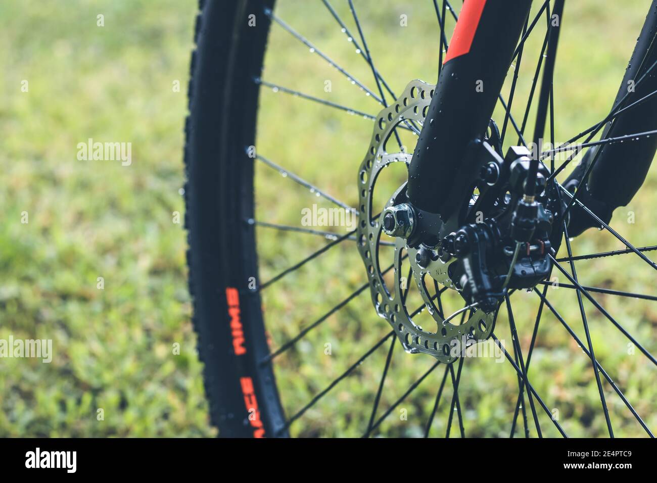 Close-up view mountain bike brake disc of a front bicycle wheel Stock ...