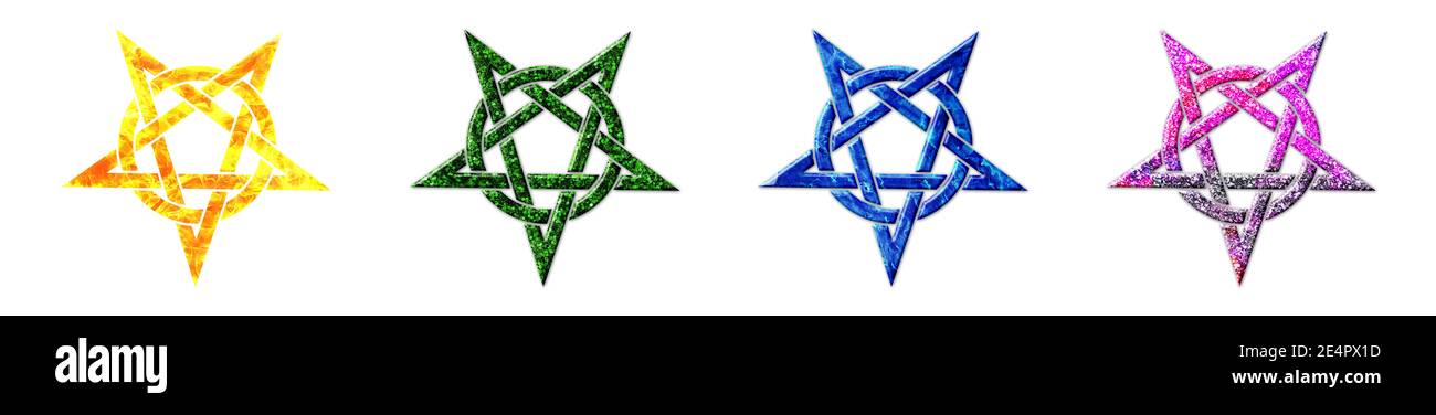 An isolated illustration of four Pentagram signs consisting of ...