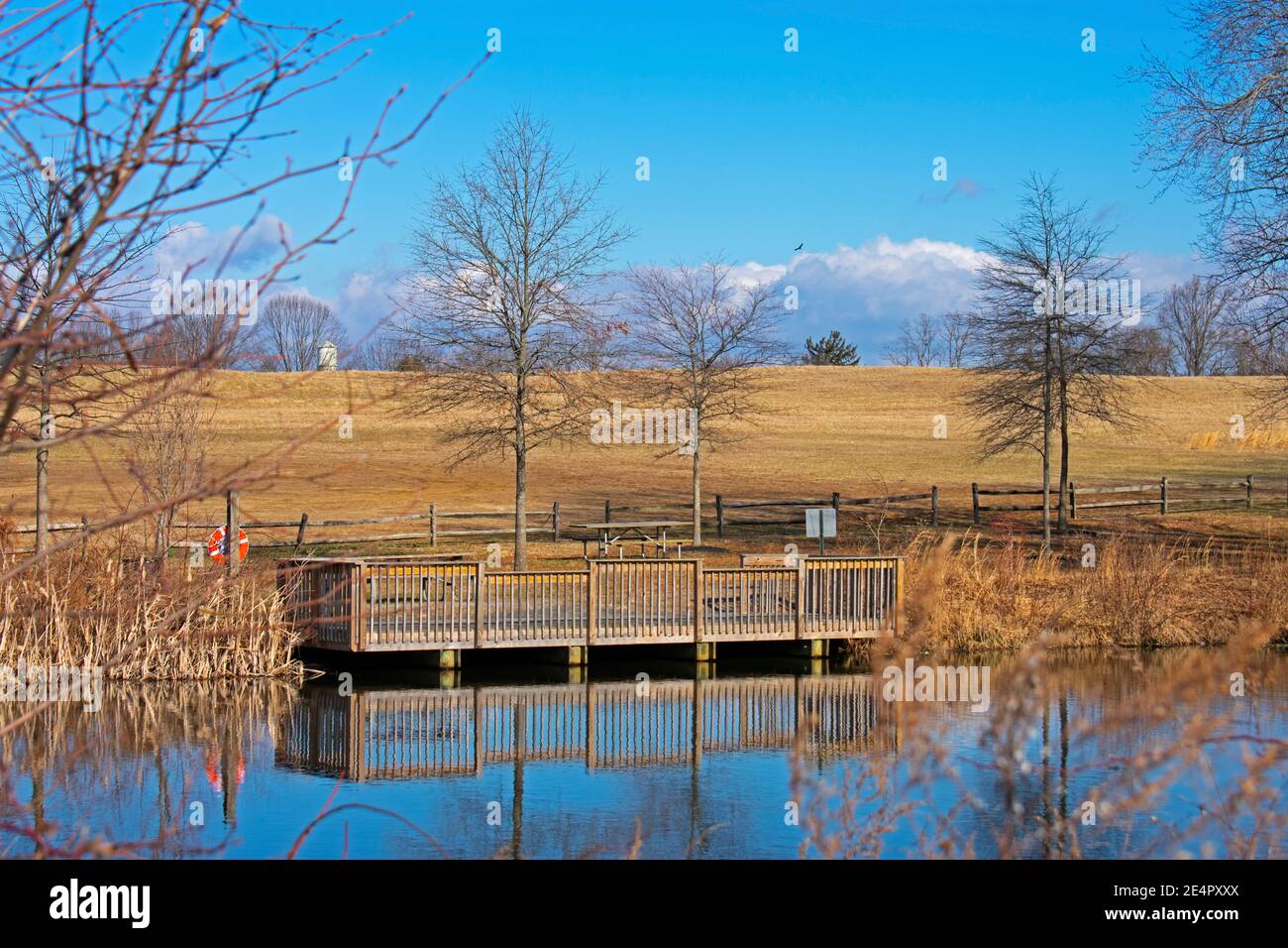 Scenic pond at Big Brook Park, Marlboro, New Jersey, on sunny but cold ...