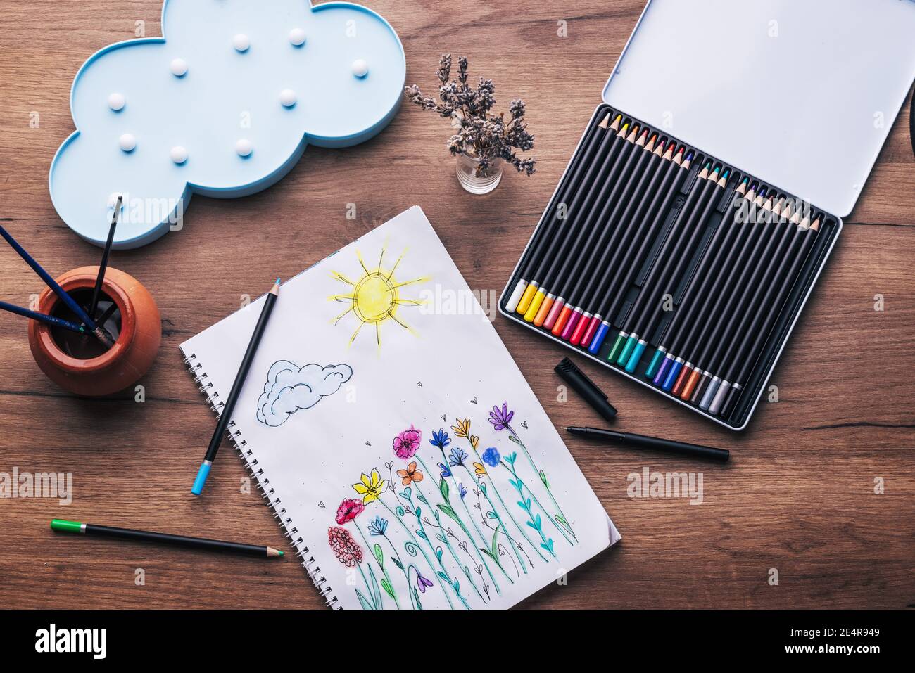 Child drawing top view. Artwork workplace with creative accessories ...