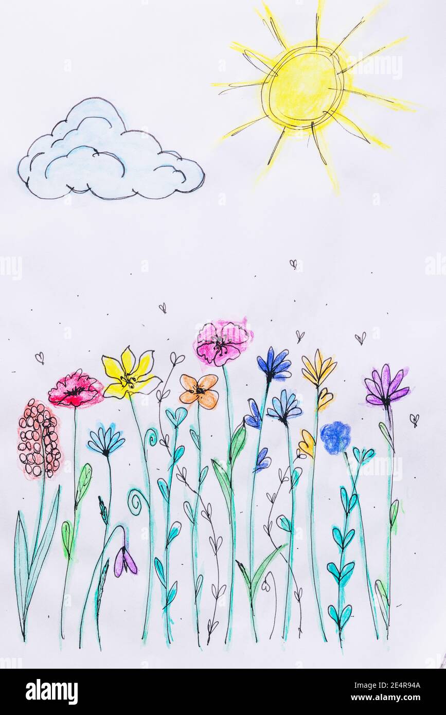 Child drawing top view. Artwork workplace with creative accessories ...