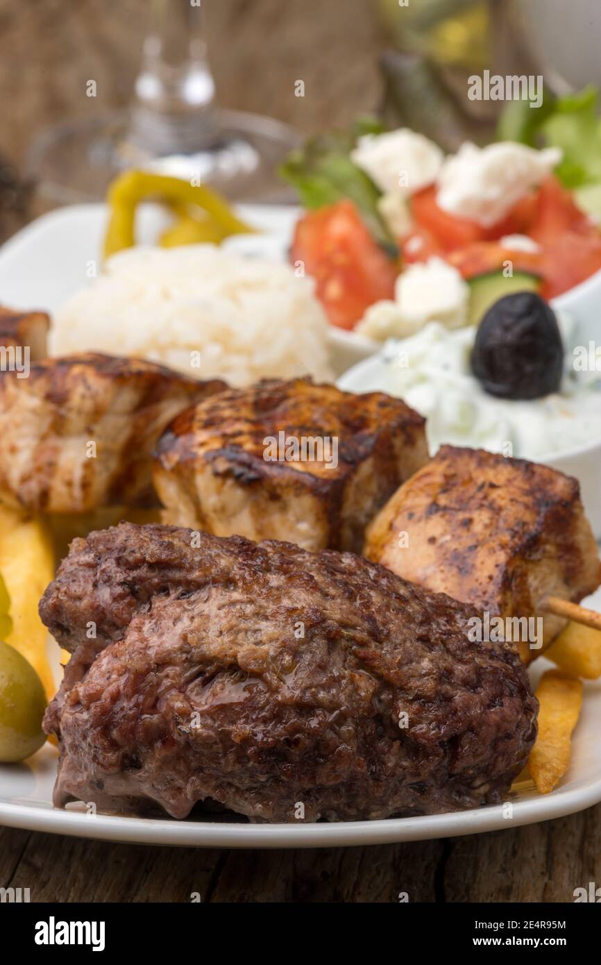 greek souvlaki meat on skewers Stock Photo - Alamy