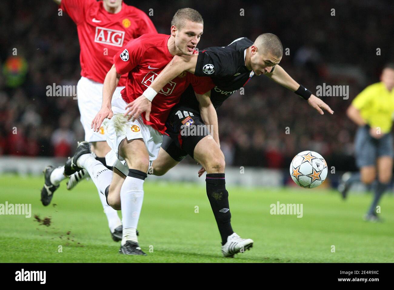 Olympique Lyonnais' Karim Benzema challenges Manchester United's player ...