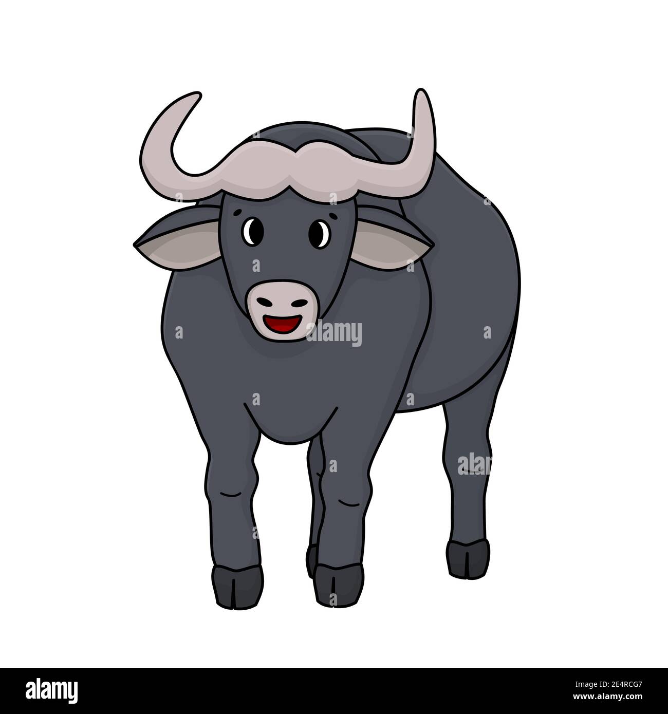 Gray dark cartoon African buffalo stands and looks. Animal is isolated ...