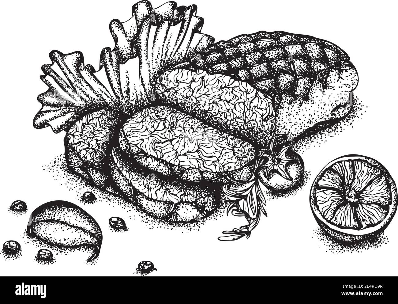 A piece of grilled steak with vegetables. Vector hand drawn ...