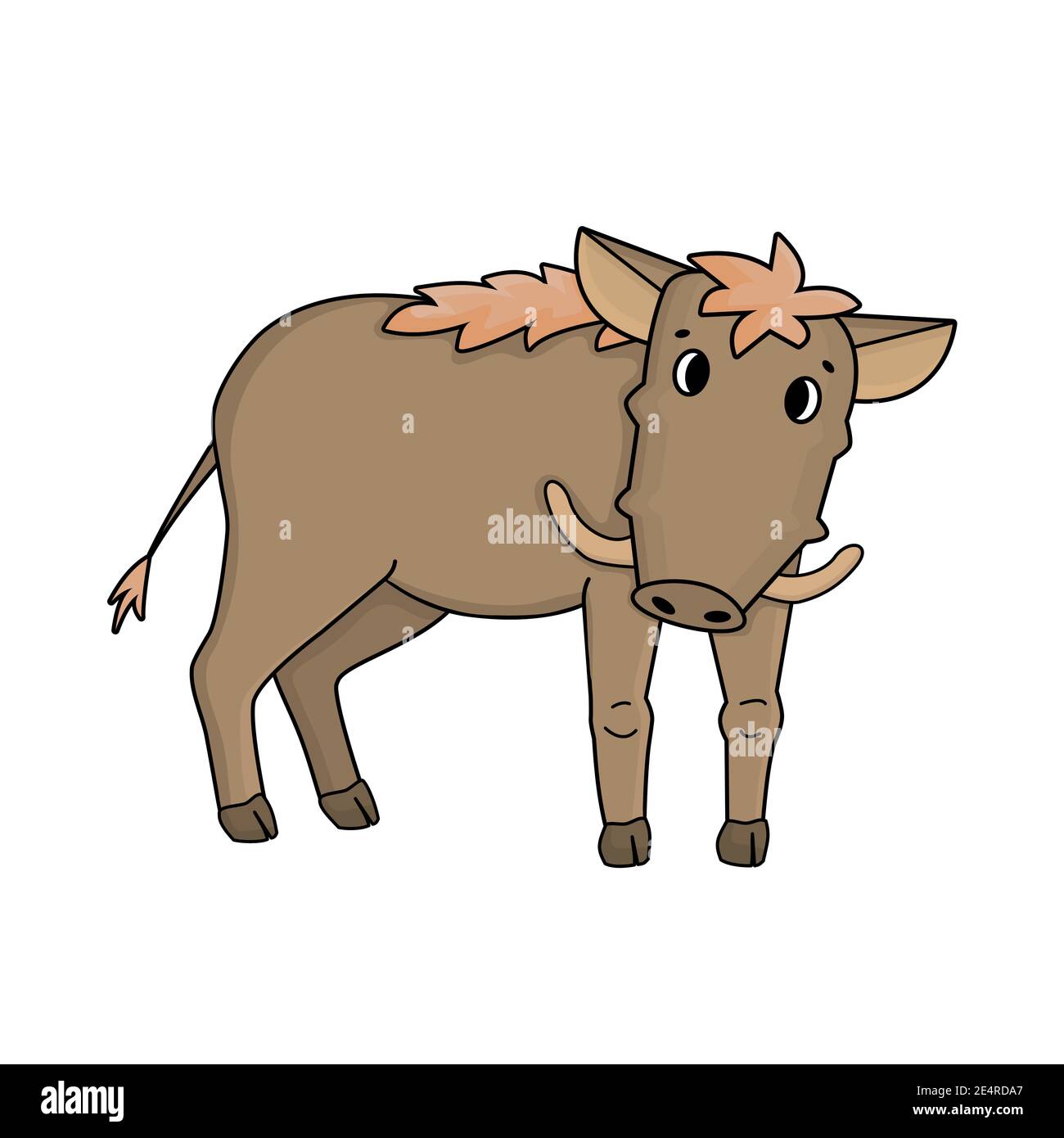 Brown cartoon common warthog stands sideways and looks straight. Animal ...