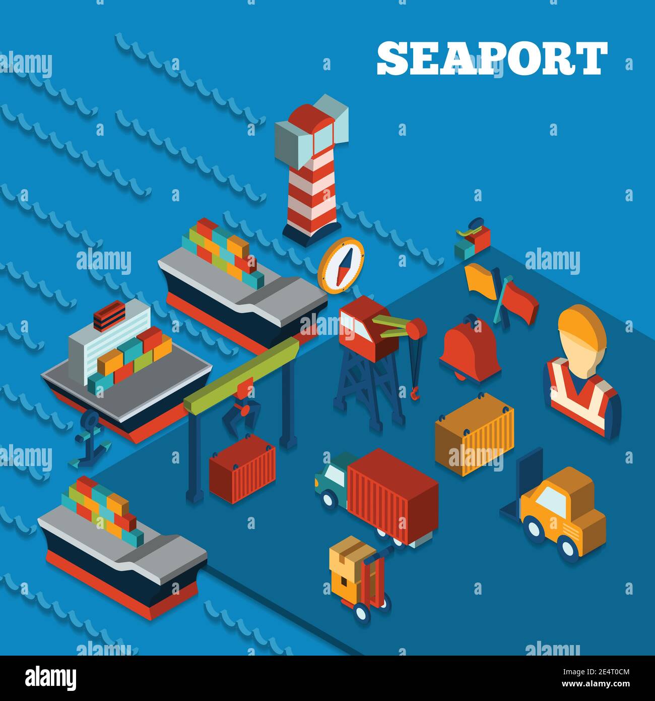 Seaport freight transportation concept with isometric icons set vector ...