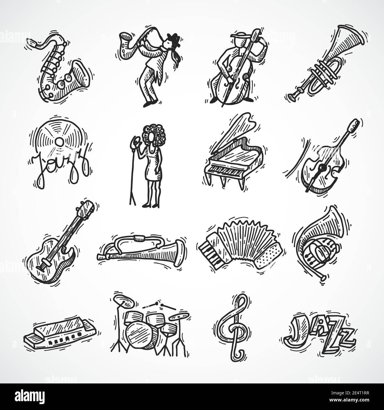 Jazz music club party icons sketch set with saxophone trumpet singer ...