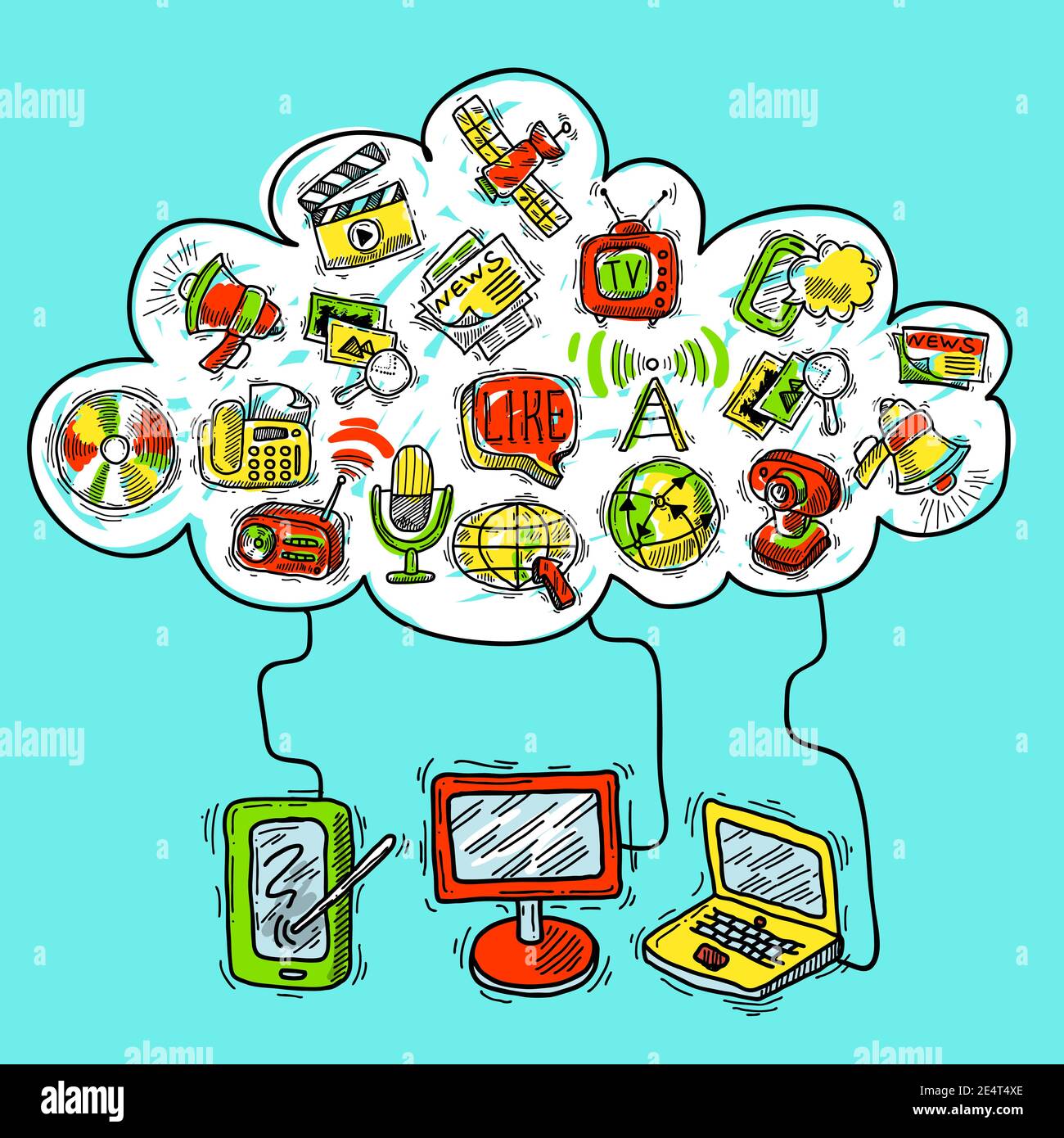 Communication concept sketch with media devices and social icons in ...