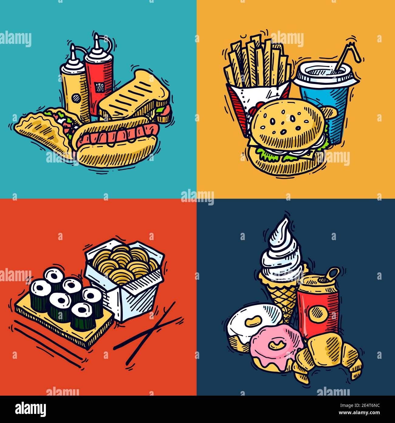 Fast food design concept set with sandwich croissant hotdog sketch ...