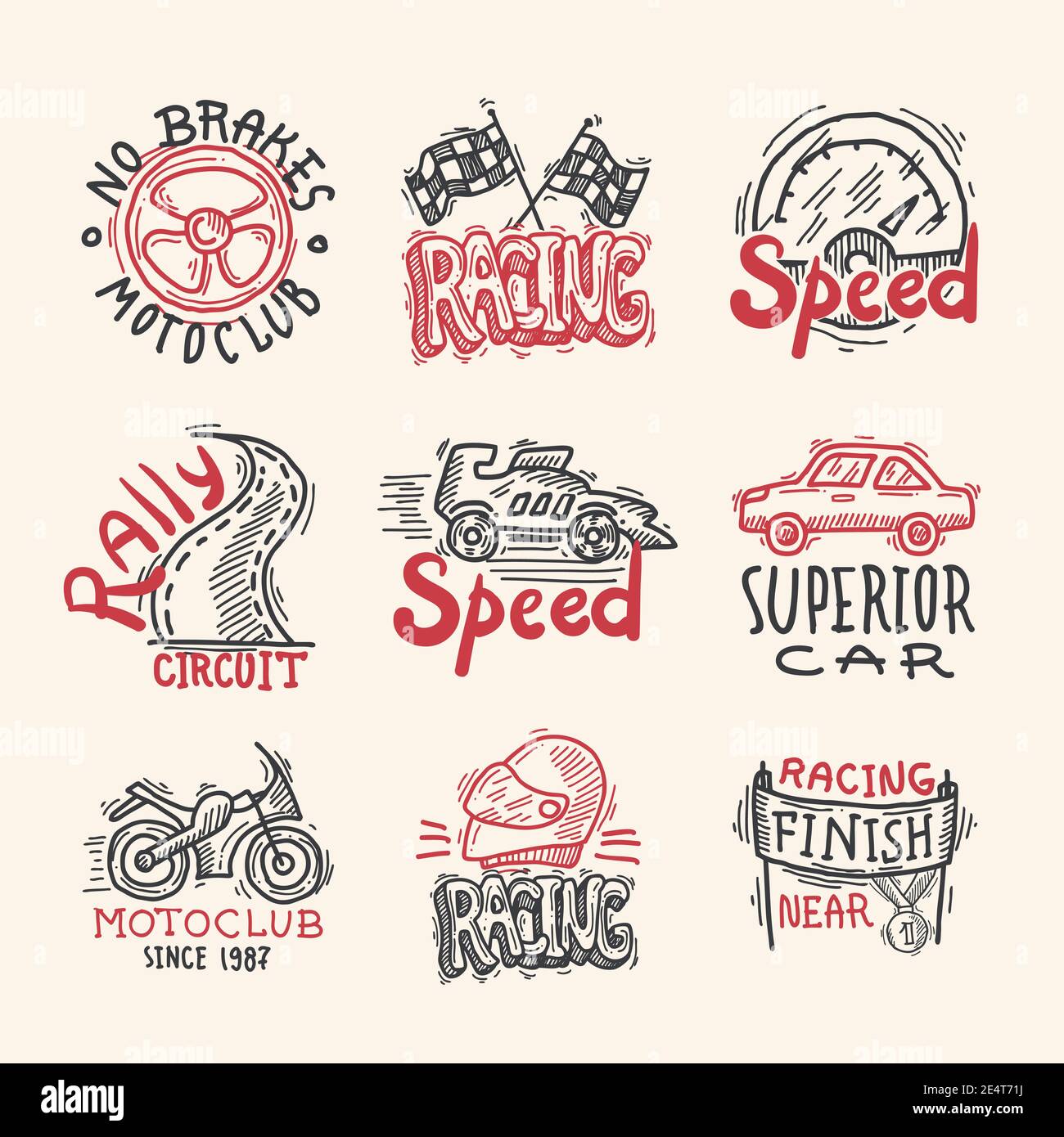 Racing superior car rally circuit sketch emblems set isolated vector ...