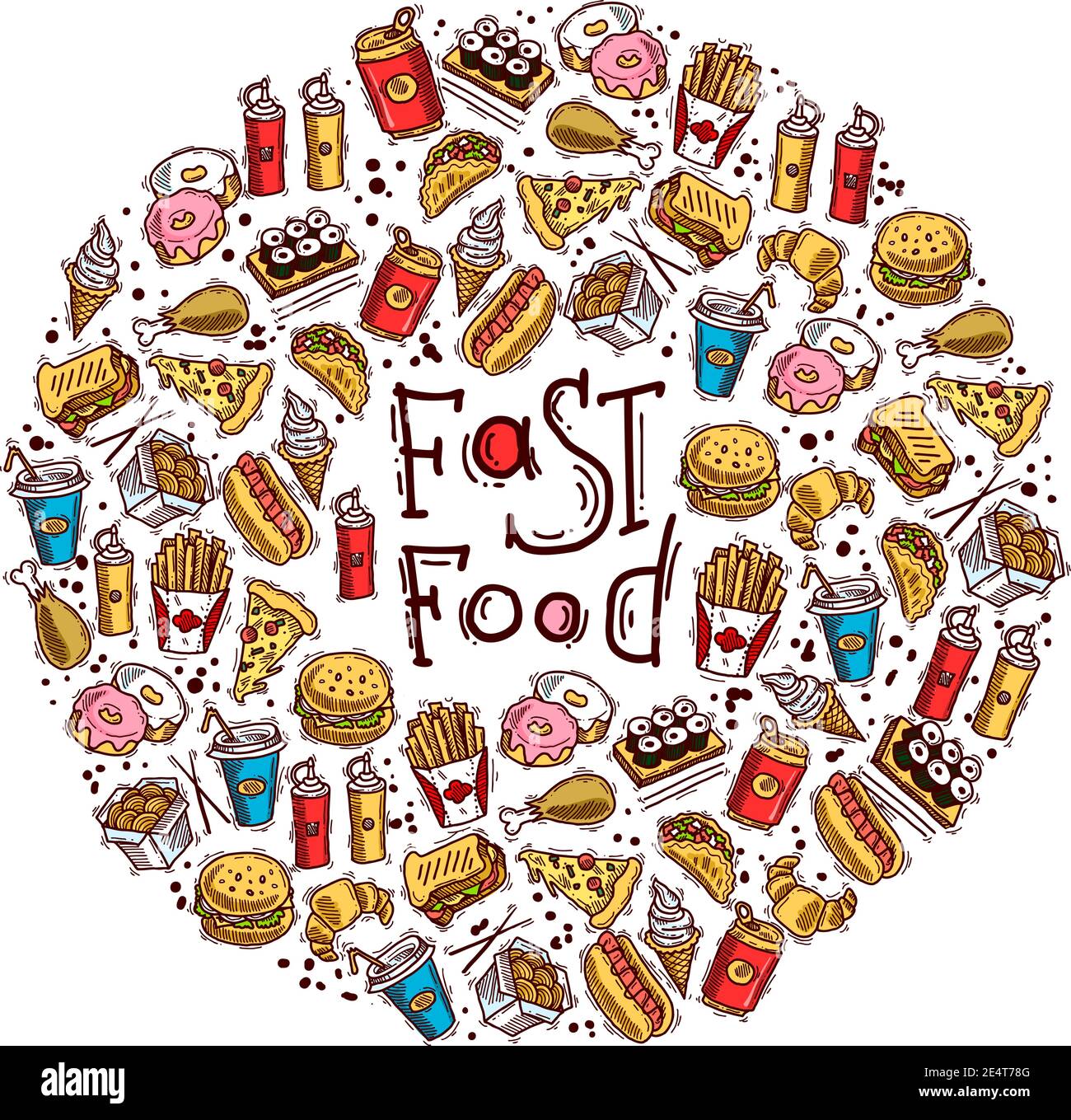 Fast food colored sketch decorative icons set in circle shape vector ...