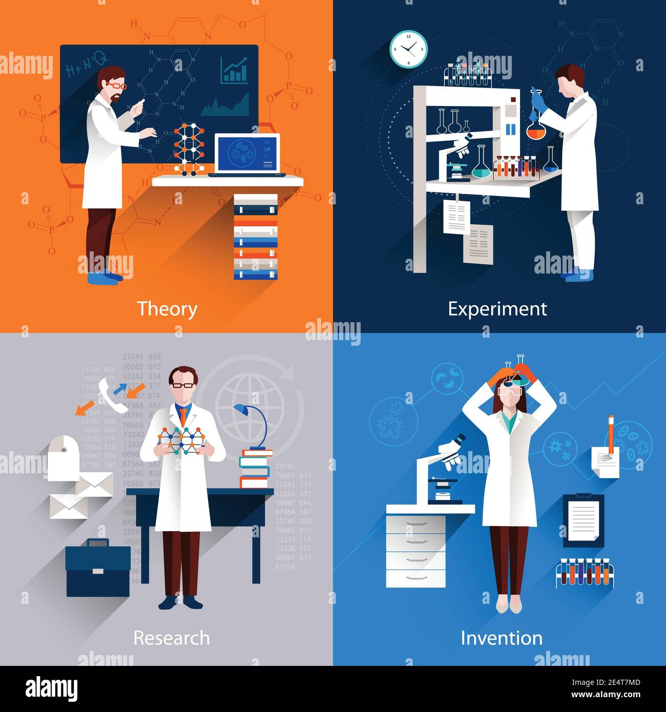 Science design concept set with theory experiment research invention ...