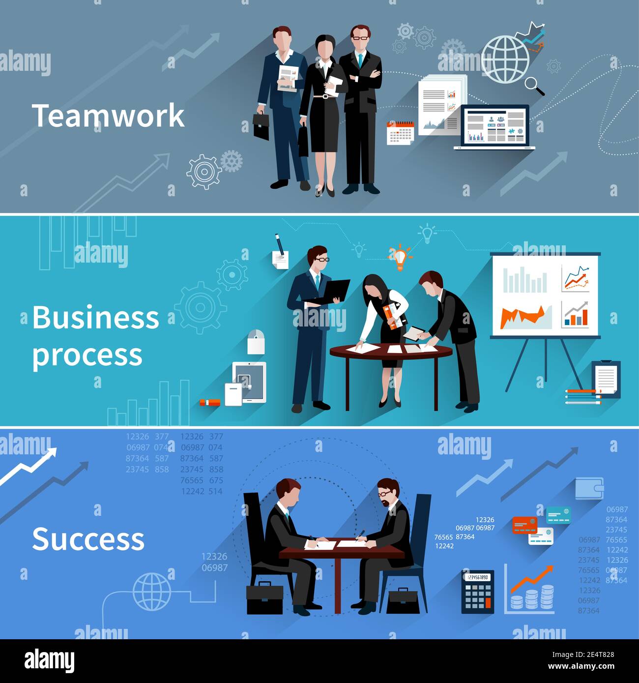 Teamwork banners set with business process and success elements ...